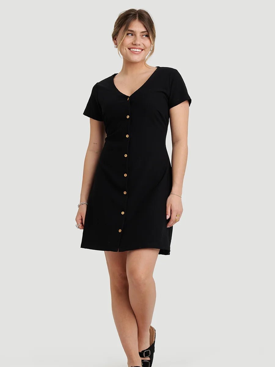 Robe Col en V Boutonnée avec Dos Lacé - Noir | ORAKI